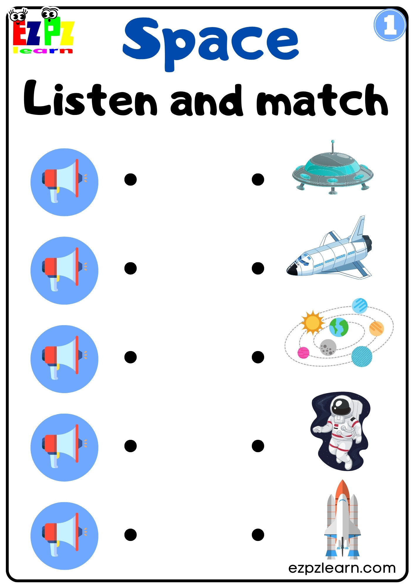 Space Vocabulary Interactive Worksheet Listen and Match the Correct Images Activity for Children ...
